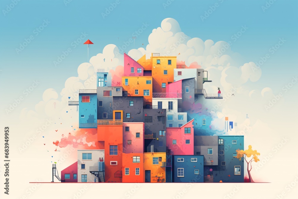 3d cartoon illustration of a society with multiple houses and buildings ...