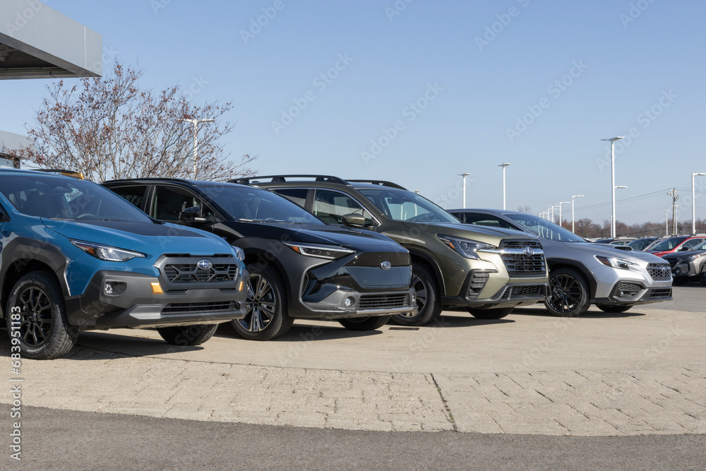 Subaru Crosstrek, Solterra, Ascent and WRX display at a dealership ...