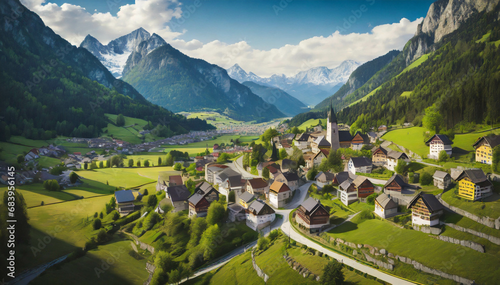 Small village in mountain landscape. Rural, german town aerial, travel ...