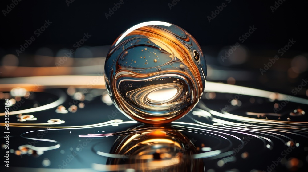 a close up of a glass object on a reflective surface with a reflection ...