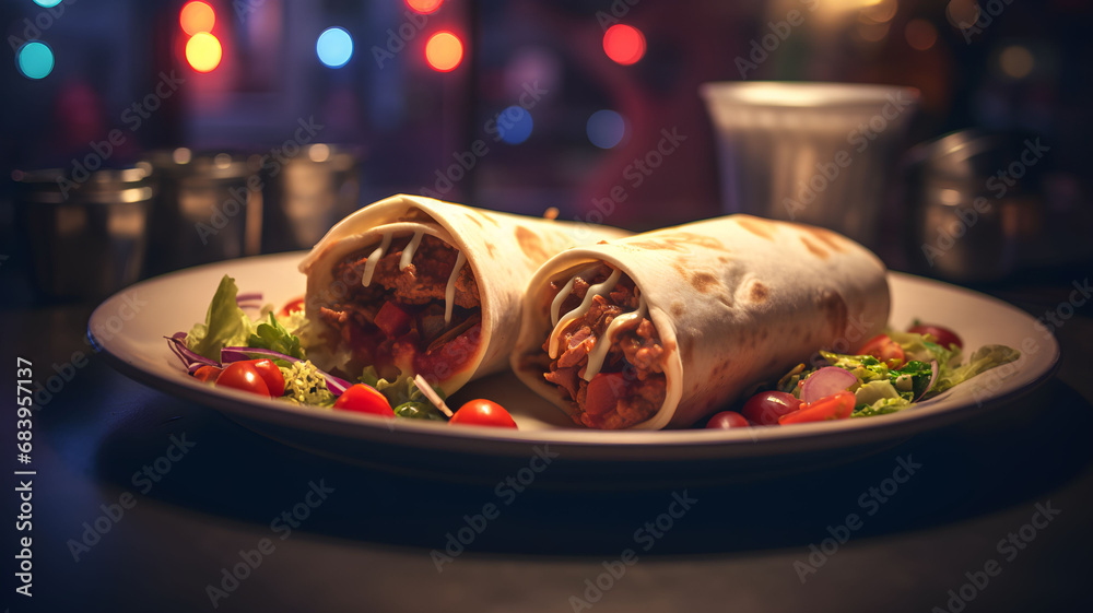 Burrito on a table, with grounded beef tomatoes and salad, red salsa ...