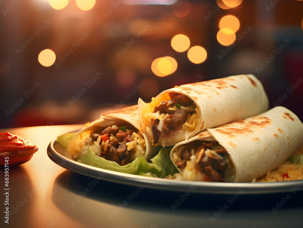 Burrito on a table, with grounded beef cheddar and salad, red salsa ...