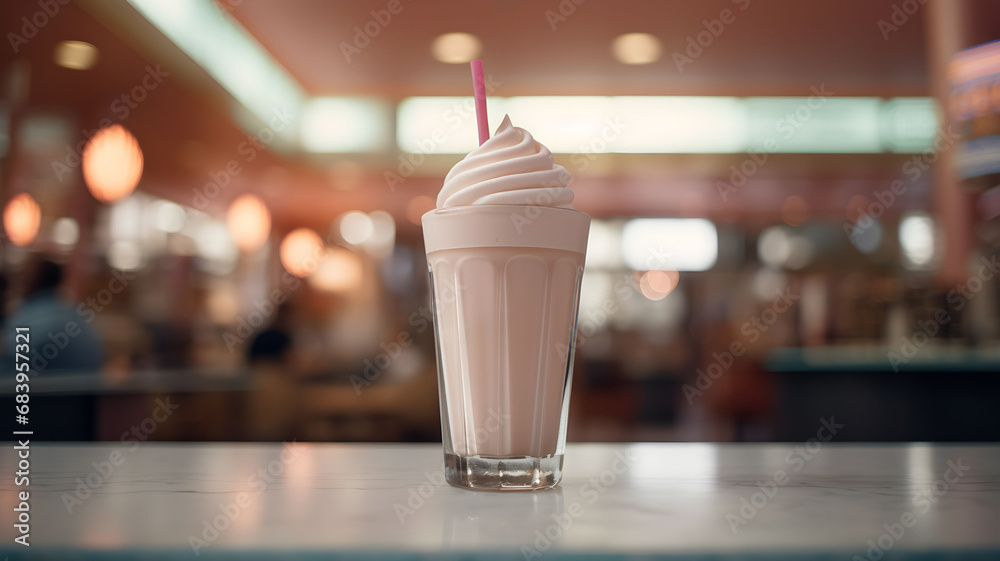 white milkshake white whipped cream, glass with straw, sweet dessert on ...