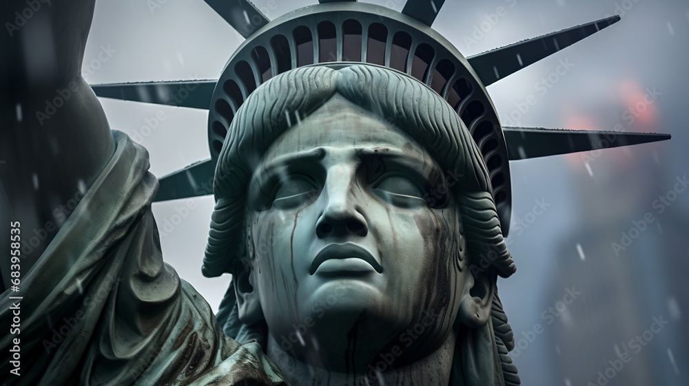 Statue of liberty crying in the rain, sad face, political issues in ...