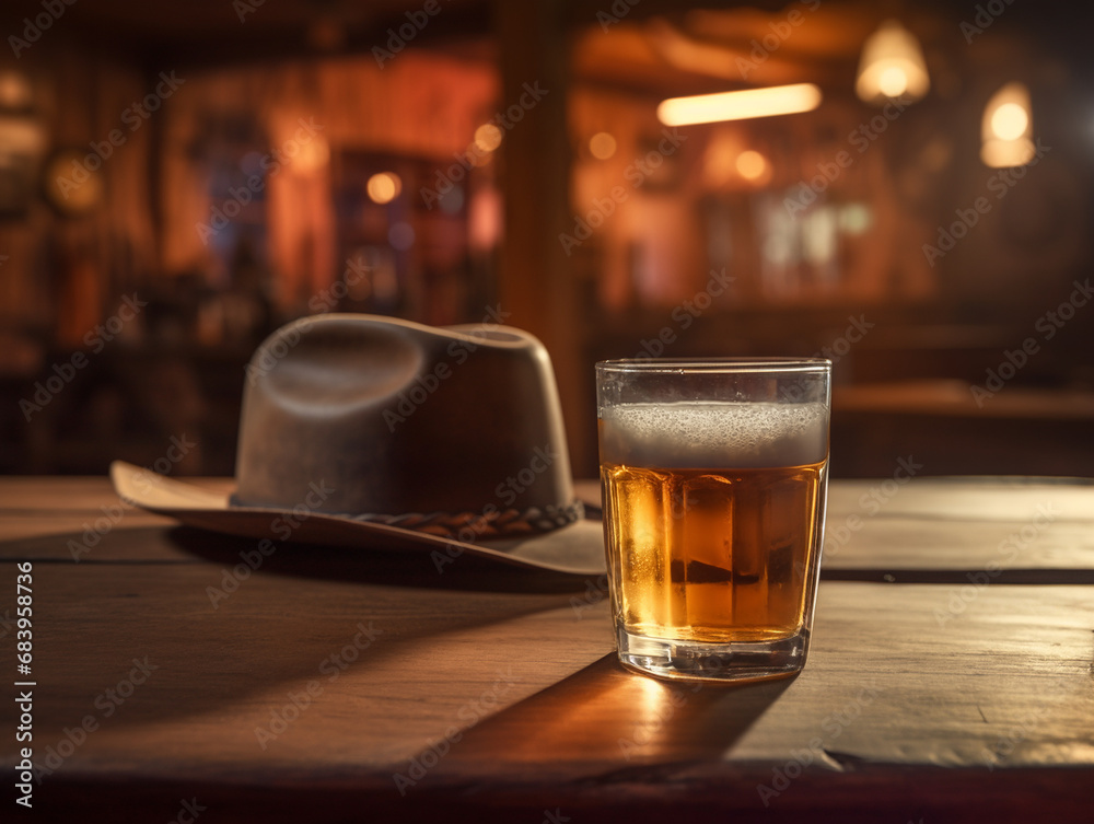 American bar, cold beer with a cowboy hat on a bar, american themed ...