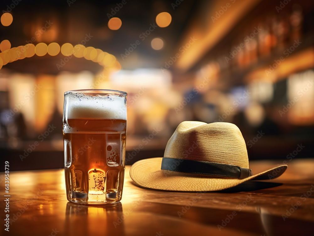 American bar, cold beer with a cowboy hat on a bar, american themed ...