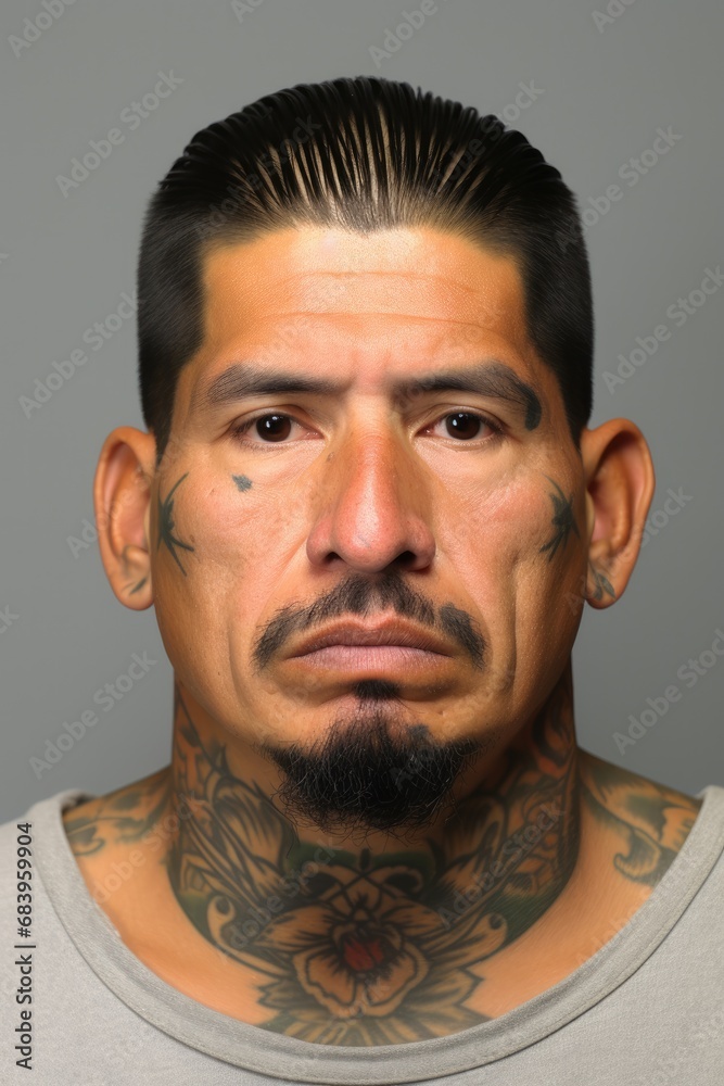 headshot mugshot of a gang member hispanic man looking at the camera ...