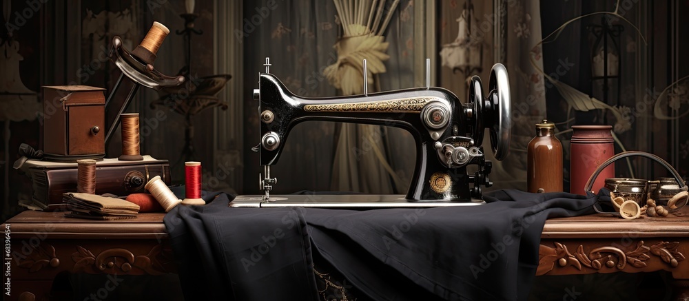 In the vintage textile industry, a retro black metal machine with old ...