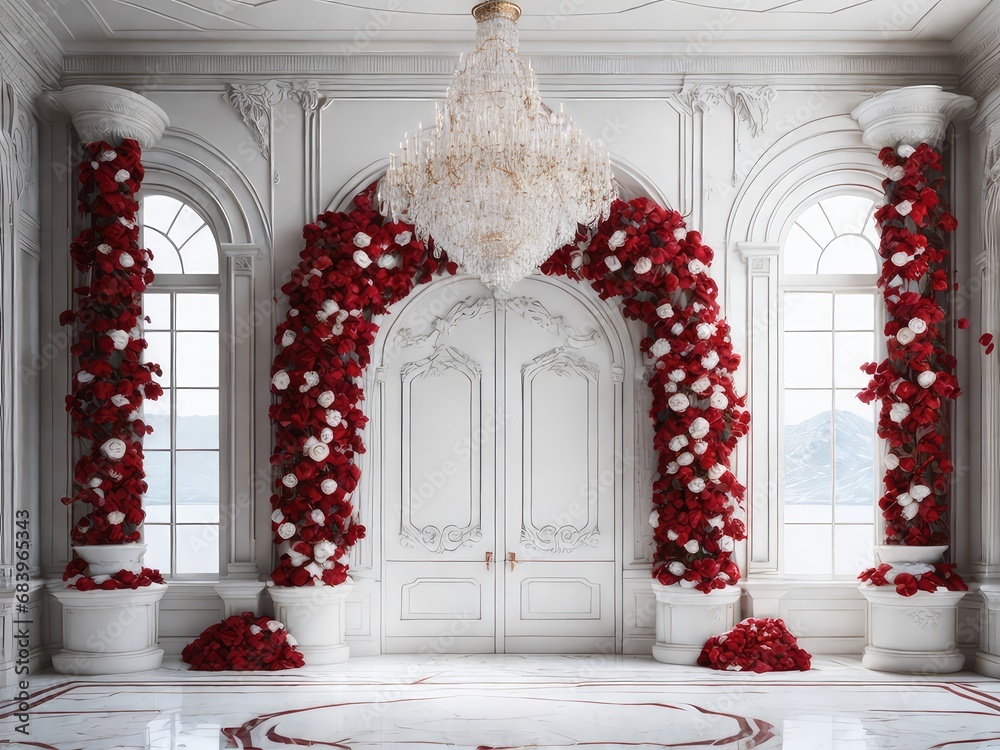 Marble room backdrop, red and white colors, chandelier with roses ...