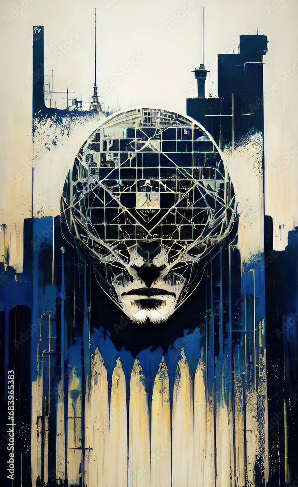 Art paint drip effect sci-fi poster with a male face and brain ...