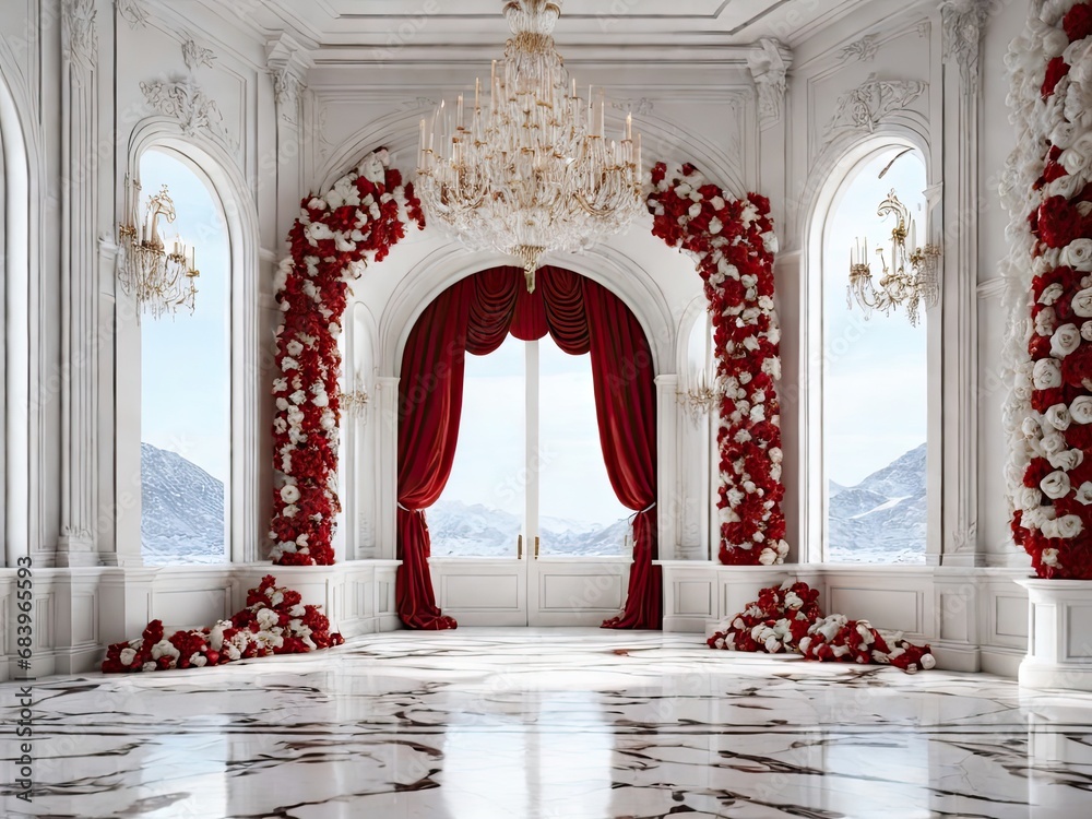 Marble room backdrop, red and white colors, chandelier with roses ...