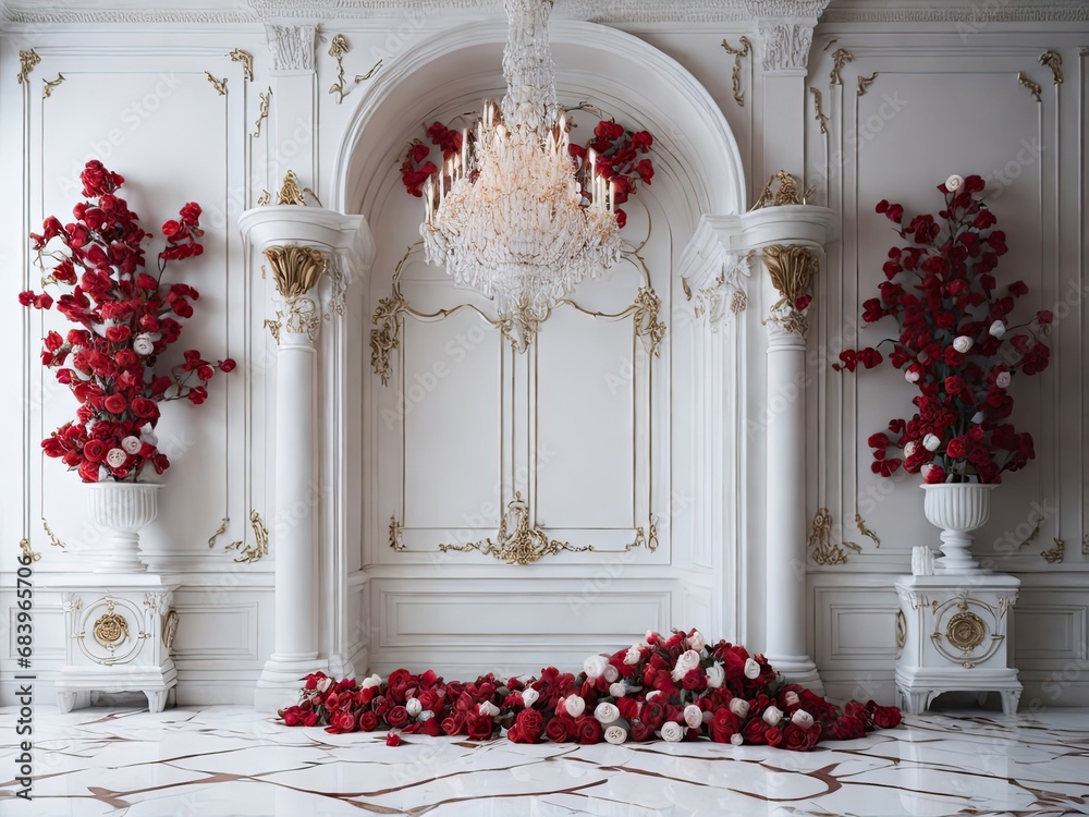 Marble room backdrop, red and white colors, chandelier with roses ...