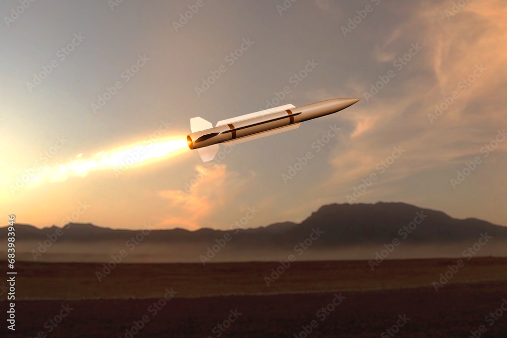 Anti-aircraft missile in the sky above the clouds, missile launch trace ...