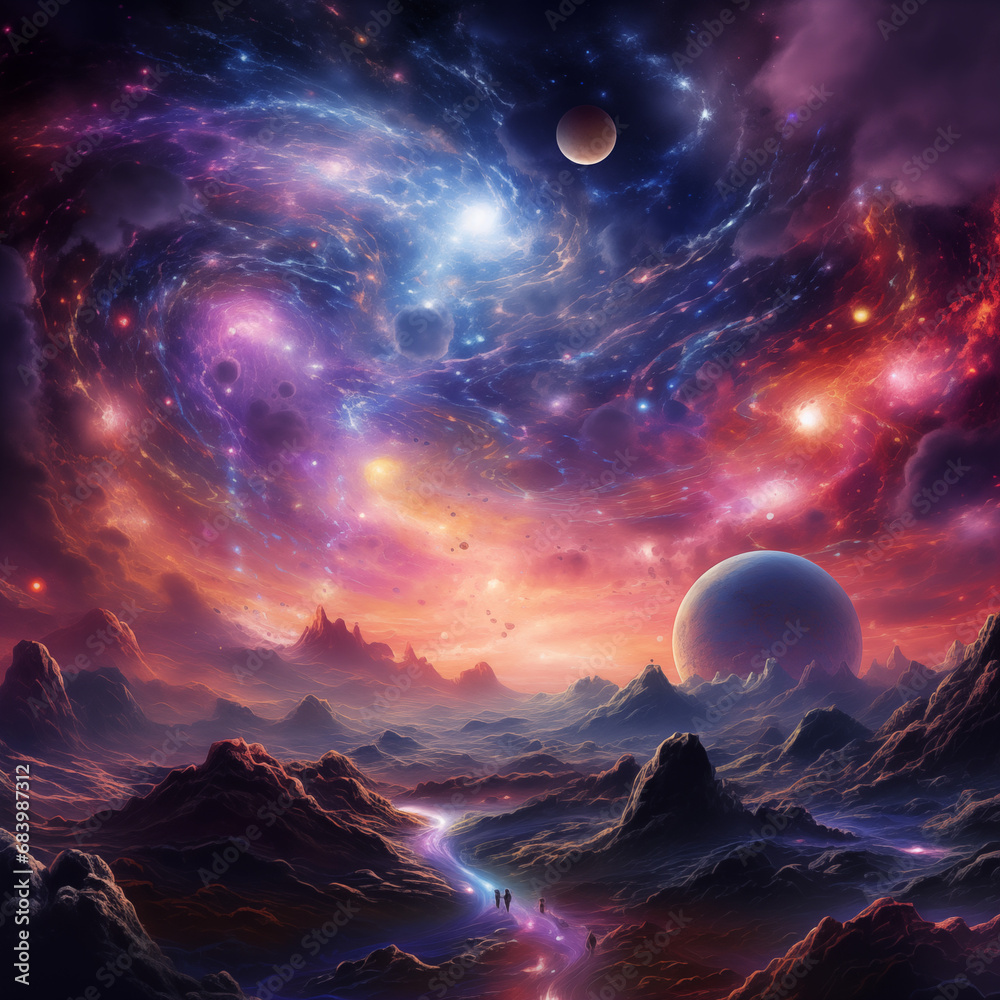 Space Art Trippy Colorful Planet Landscape Illustraion With Stars Space Art Trippy Colorful Planet Landscape Illustraion With Stars