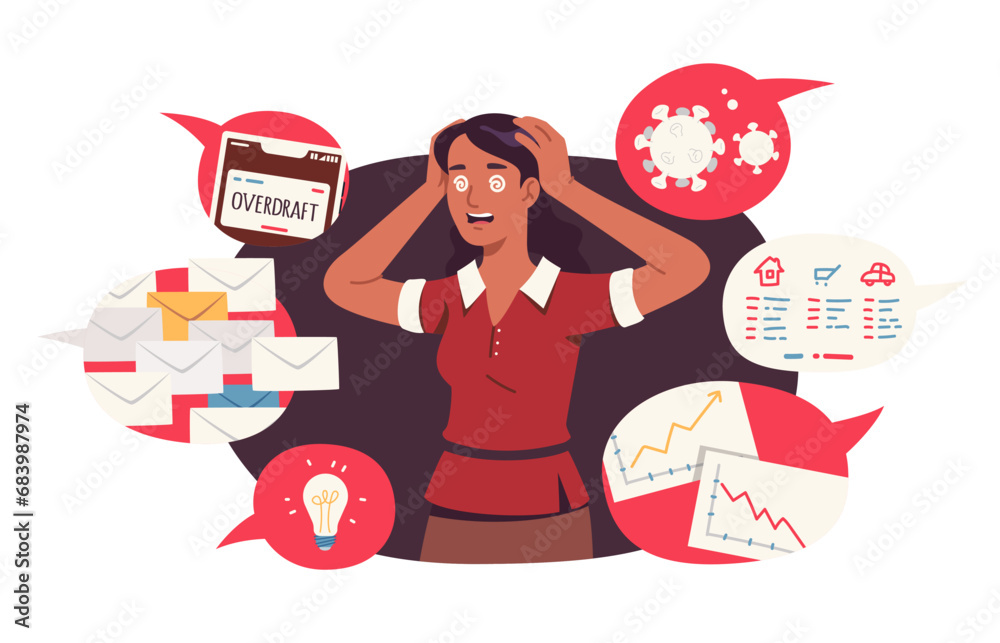 Person having information overload problem. Busy business woman in ...