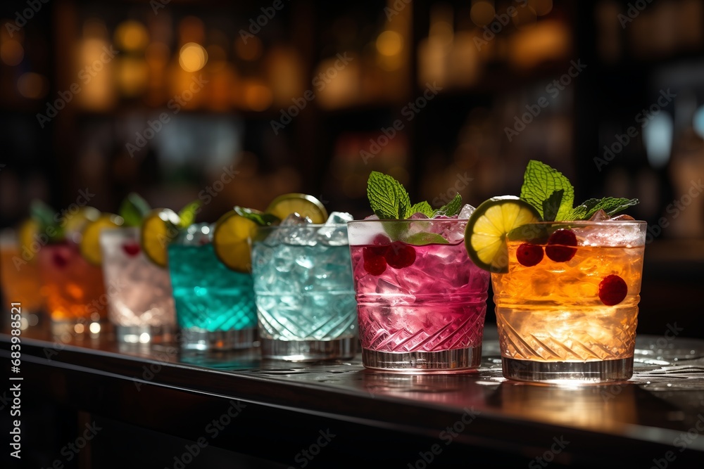 Colorful cocktails on a bar counter in a nightclub, close-up Stock ...