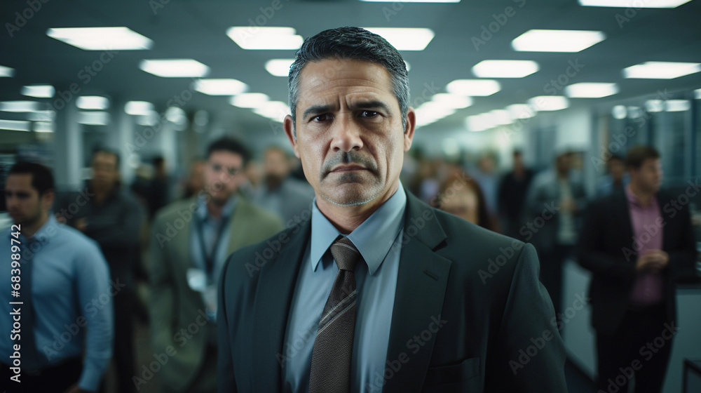 Serious police investigator indoors. Hispanic businessman in busy ...
