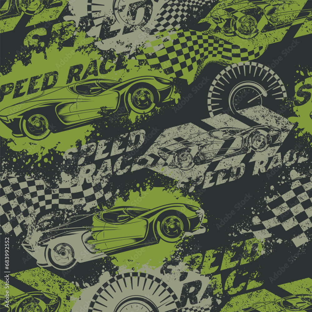 Speed race seamless cars pattern on grunge textured background with ...