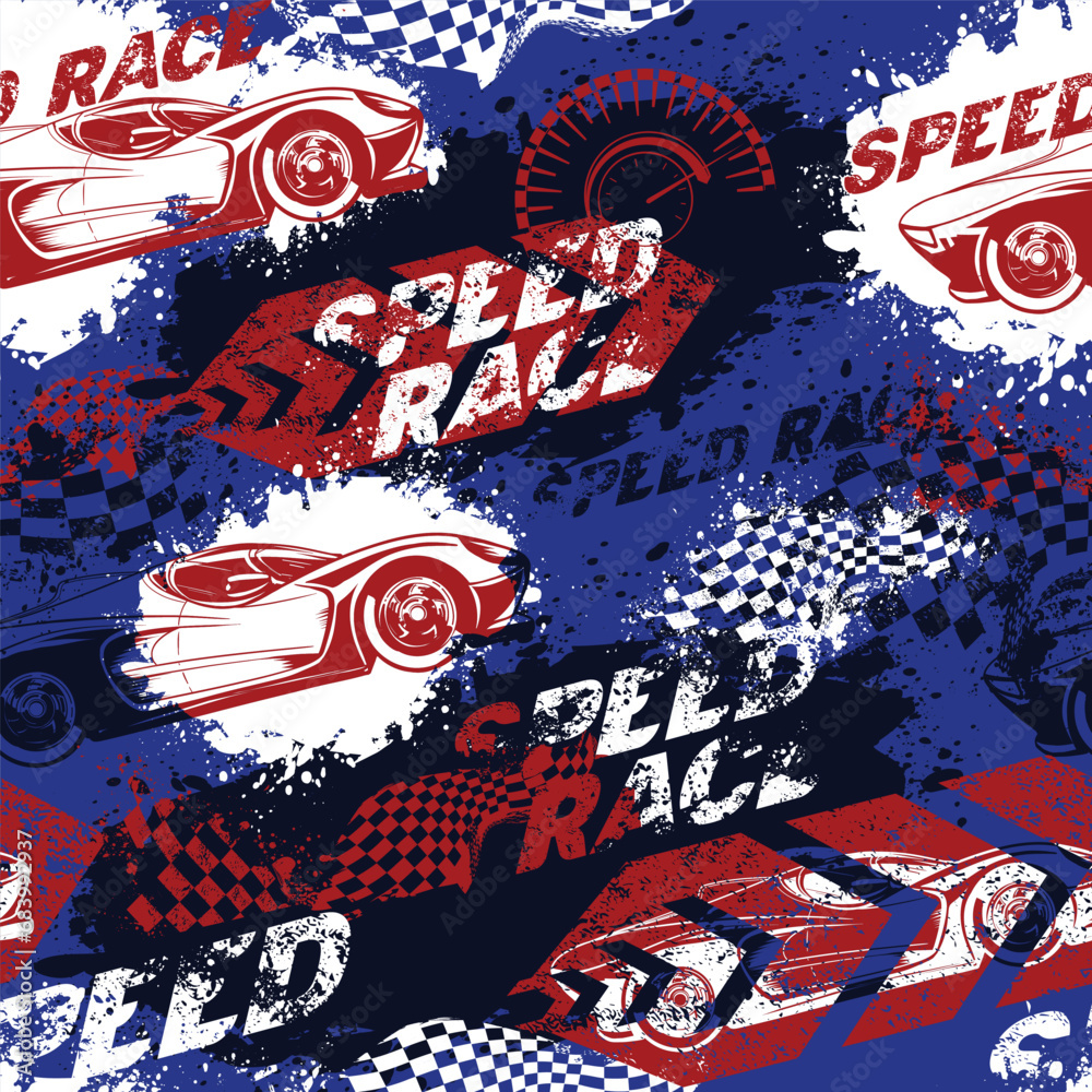 Speed race seamless cars pattern on grunge textured background with ...