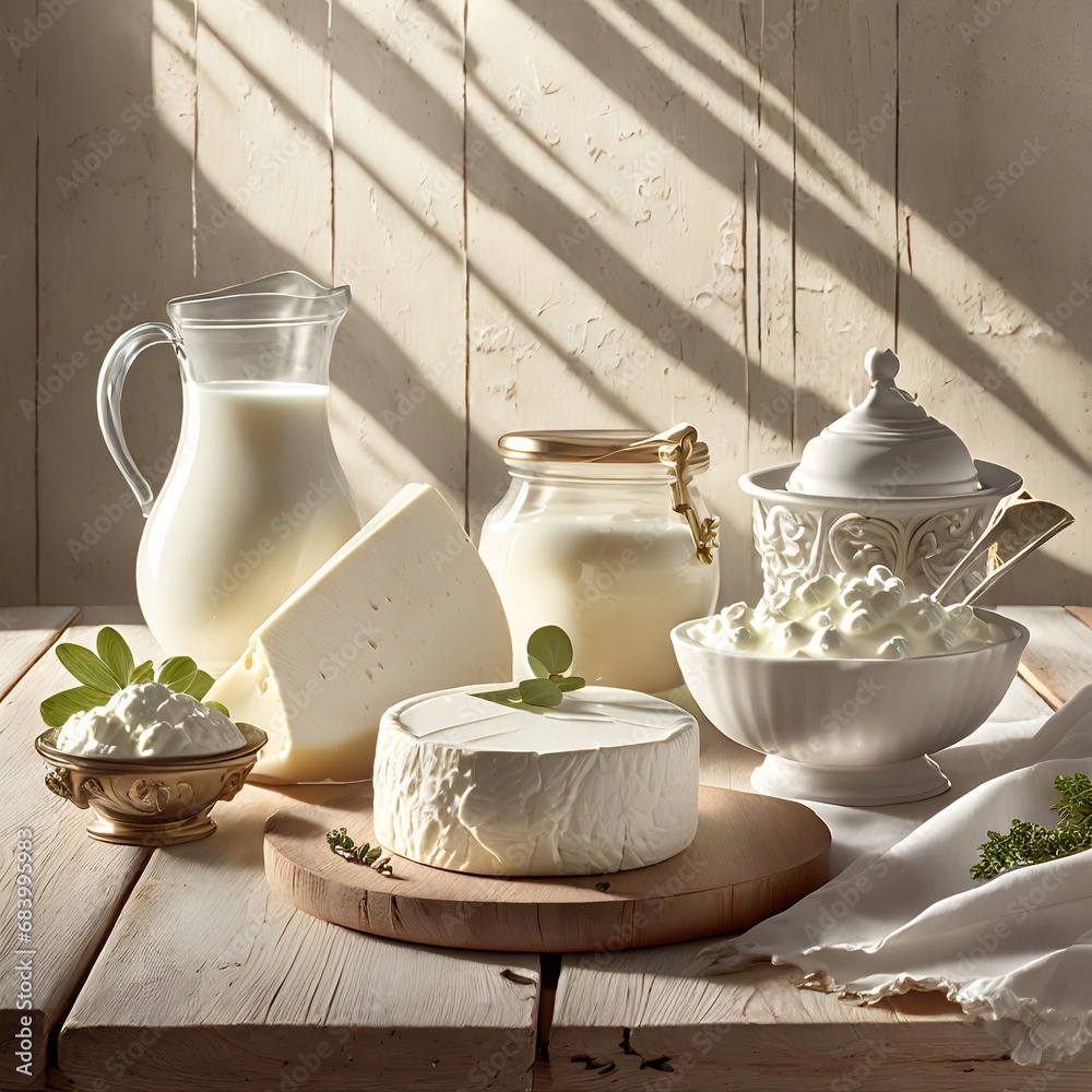 Artisan rustical dairy products on the hardwood table. Milk, cream ...