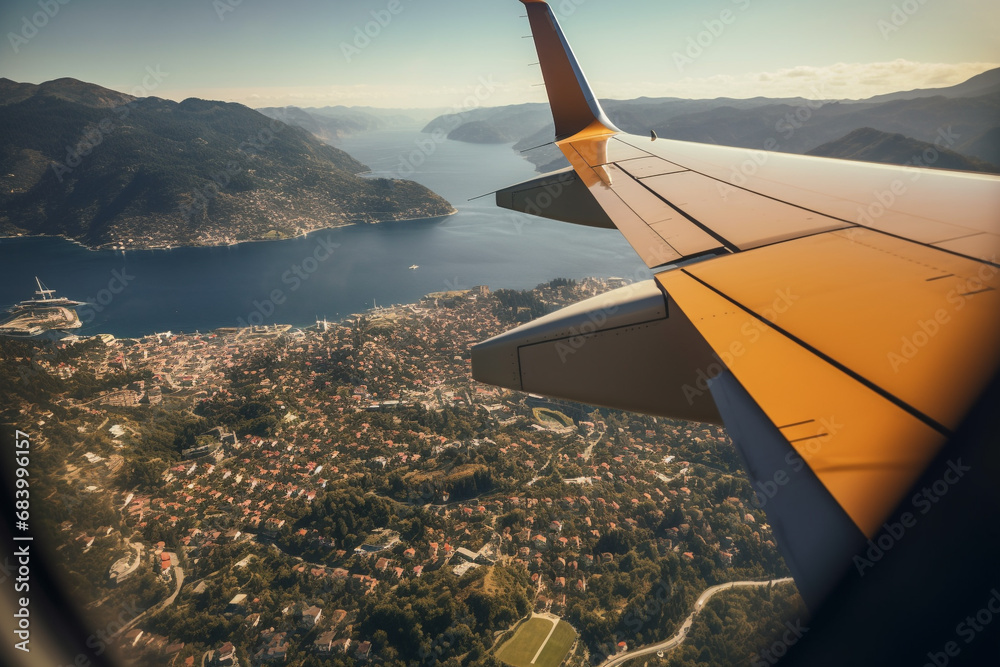 A view from the window of an airplane. Flying over the ground, view ...