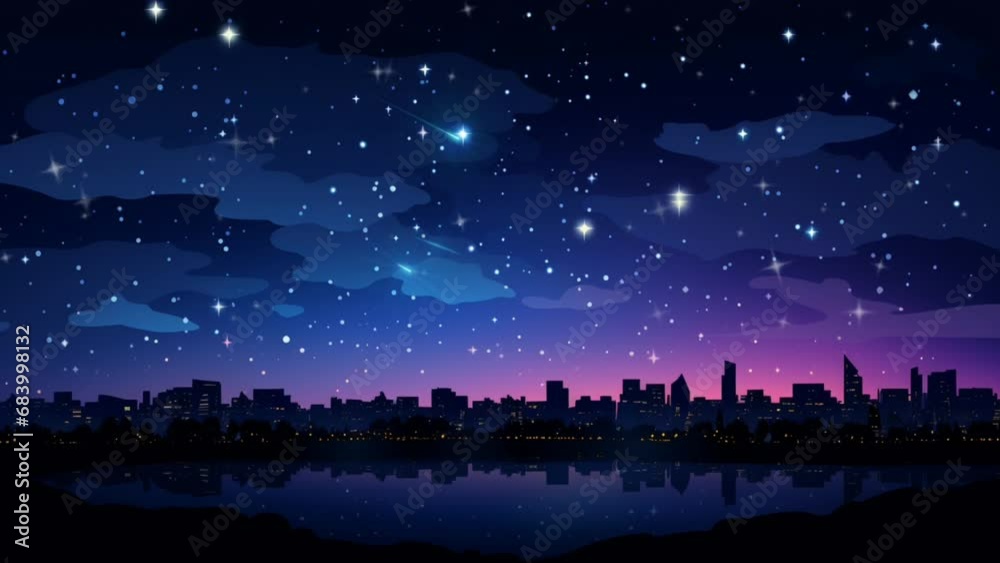City silhouette at night with shooting star animation. seamless looping ...