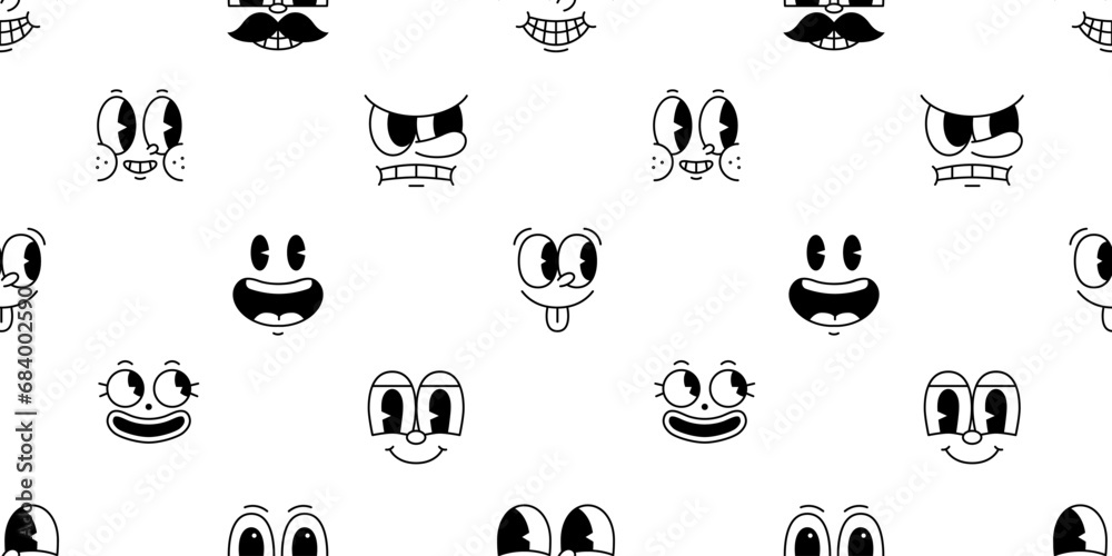 Funny retro cartoon character face seamless pattern. Black and white ...
