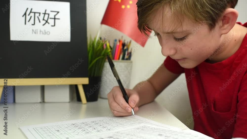 An 11 year old child is learning Chinese. a happy European boy sits at ...