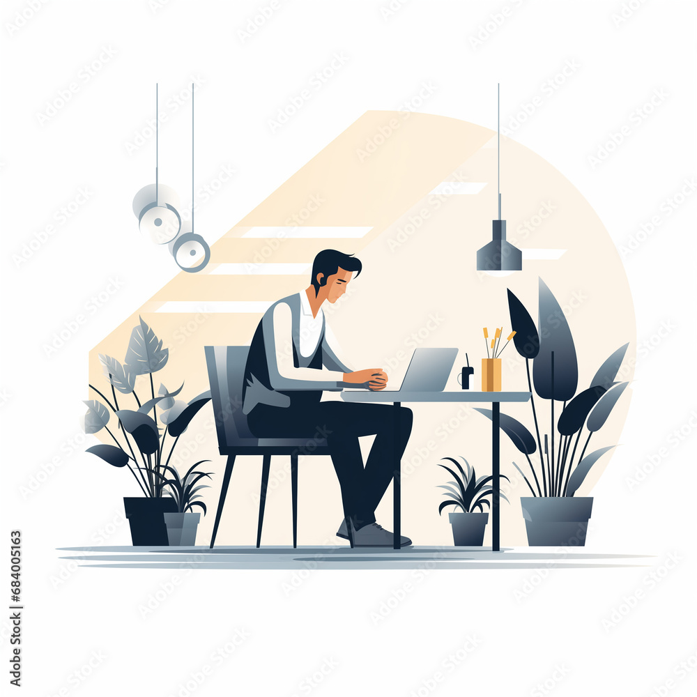 Graphic Illustration of a business professional working at a desk on ...