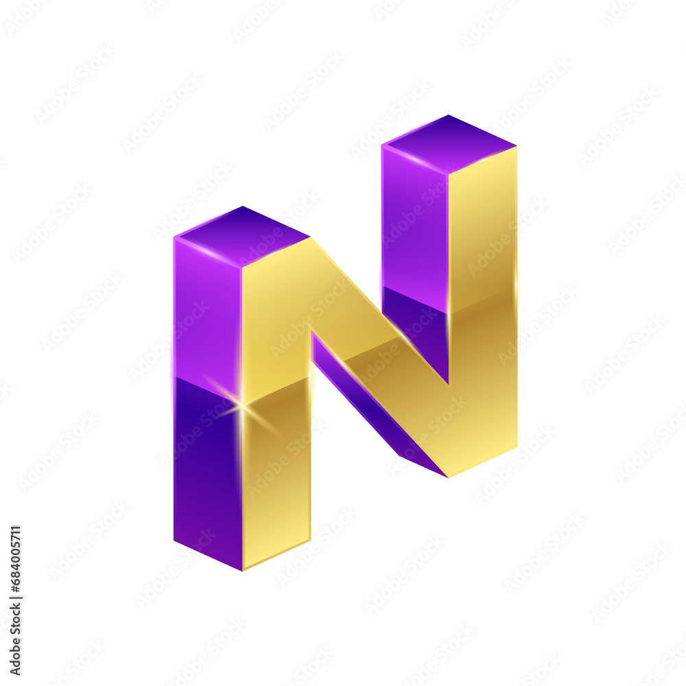 3D Letter N Gold Color Transparent Background. Alphabet Initial Letter ...