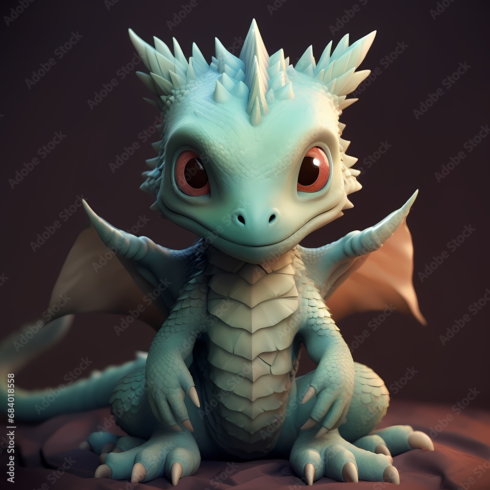 Colorful white baby dragon in a modern 3D animation style. Cute and adorable mythical creature ...