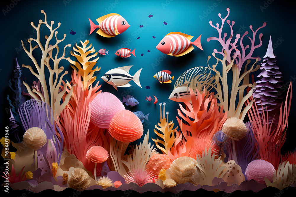 A papercraft undersea world, with colorful coral reefs and an array of ...