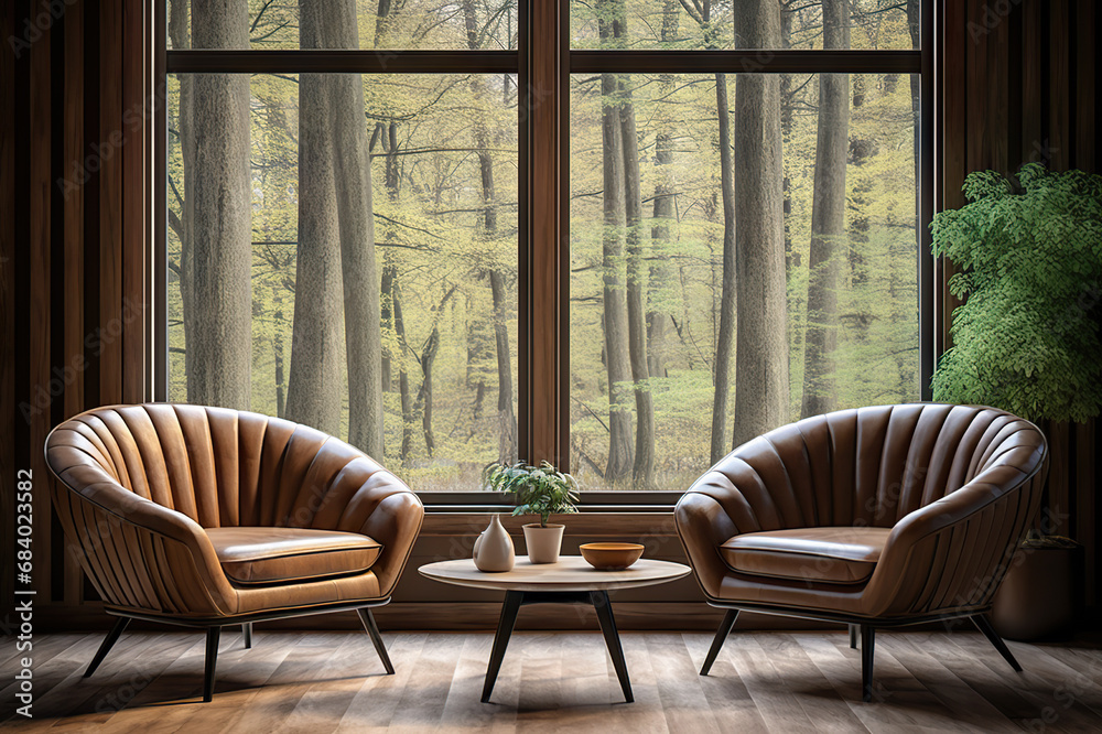 Mid-Century Modern Living Room Tranquility: Barrel Chairs, Wooden ...