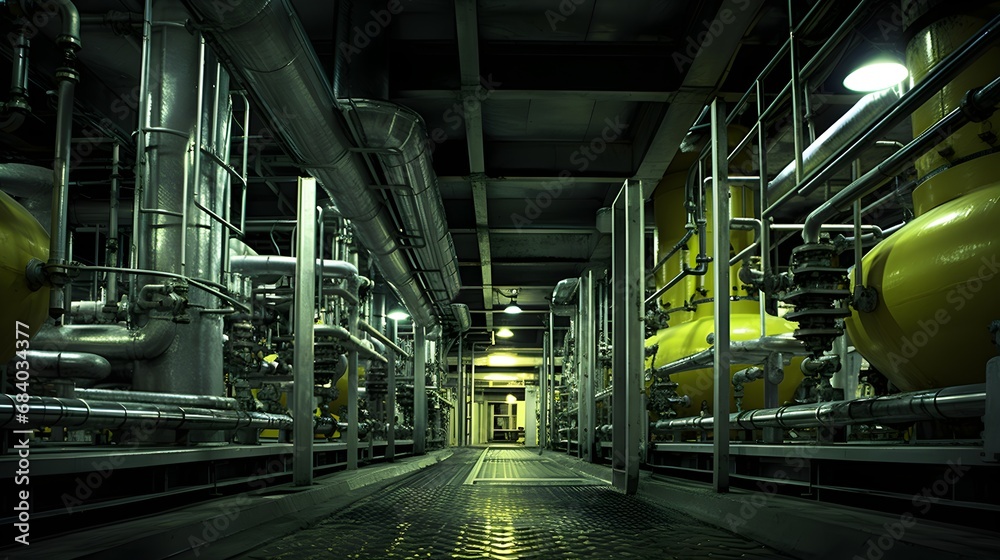 Chemical synthesis, wide-angle shot of an industrial setting where ...
