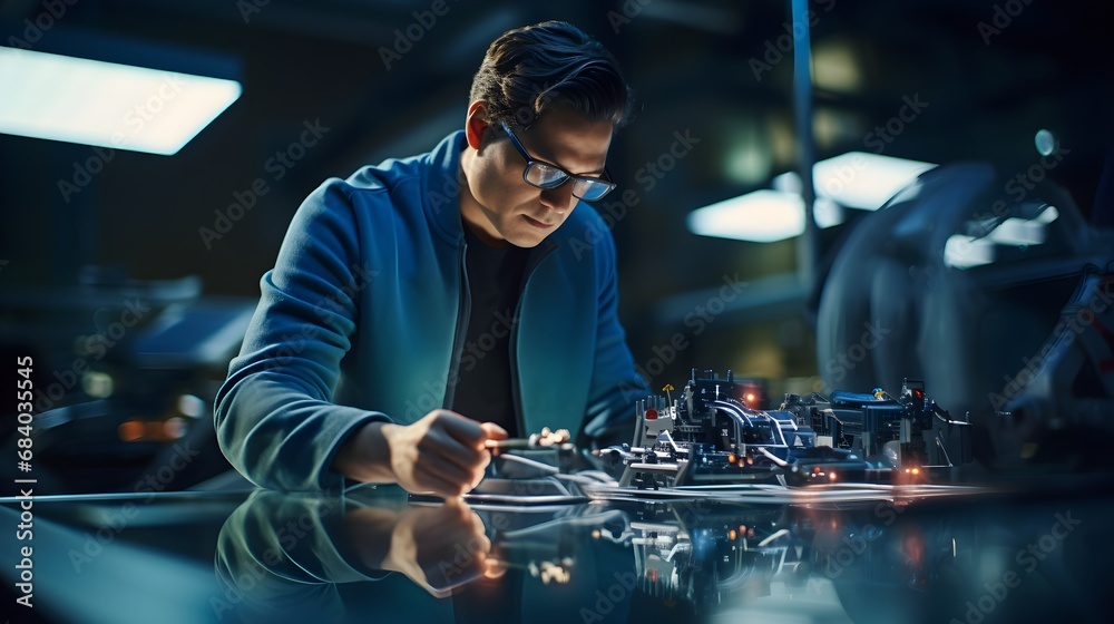 Prototype tinkering, medium-angle shot of an engineer adjusting a ...