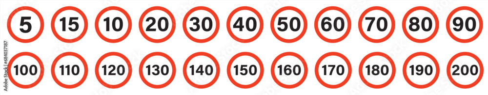 Speed limit sign icon set. 10 to 200 kmh or mph car speed limit sign ...