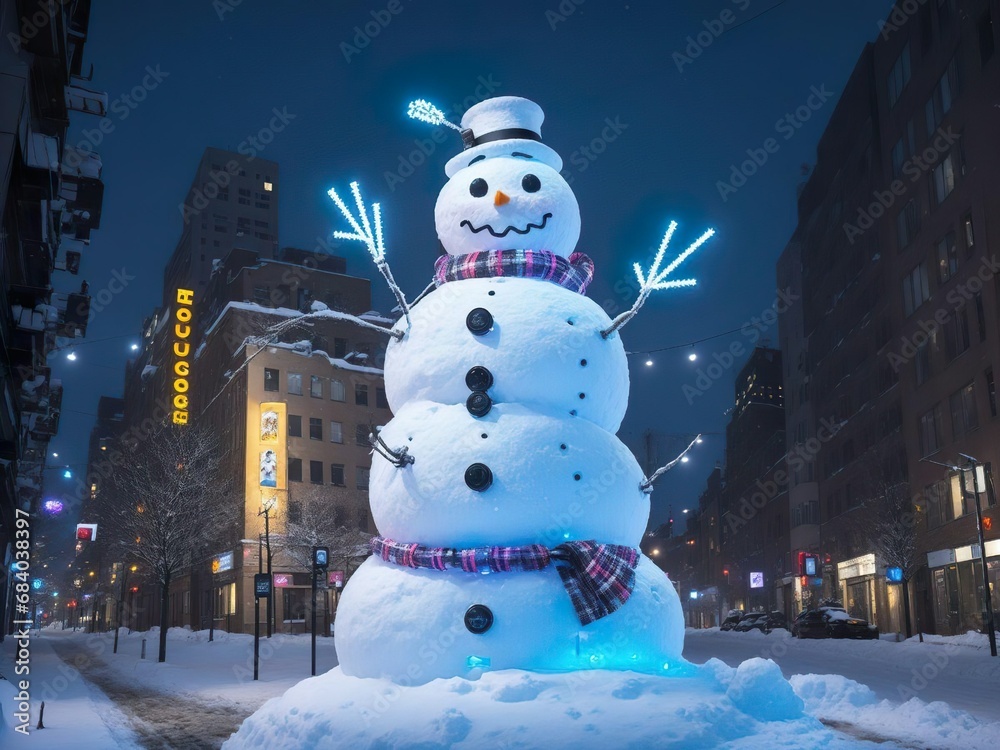 In an city, a unique snowman stands amidst towering buildings and snow ...