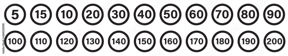Speed limit sign icon set. 10 to 200 kmh or mph car speed limit sign ...