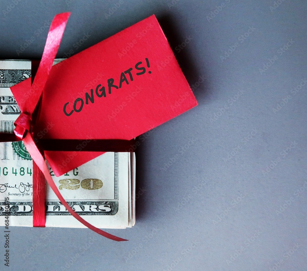 Cash dollars money in red ribbon around with red note written text ...