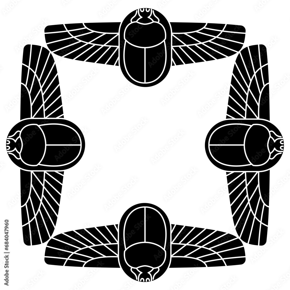 Square ethnic frame with four winged scarabs. Ancient Egyptian sacred ...