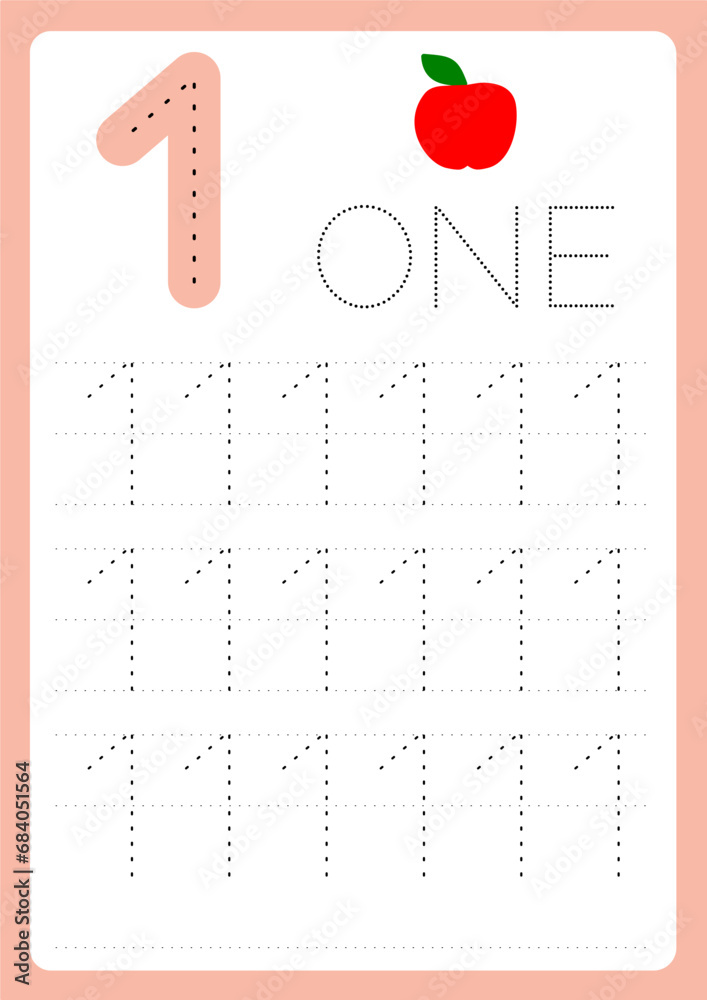 Flashcard number and text 1 one with dots for children. For preschool ...