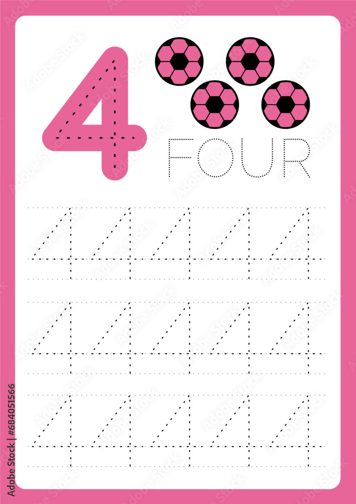 Flashcard number and text 4 four with dots for children. For preschool ...