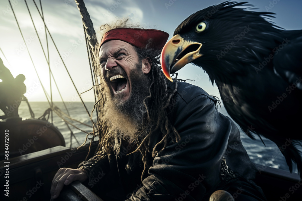 pirate in a pirate costume. Sea adventures. Viking beast on a ship ...