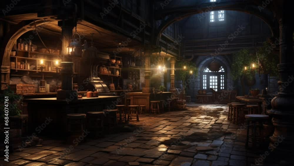 Fantasy old tavern with simple lighting. seamless looping virtual video ...