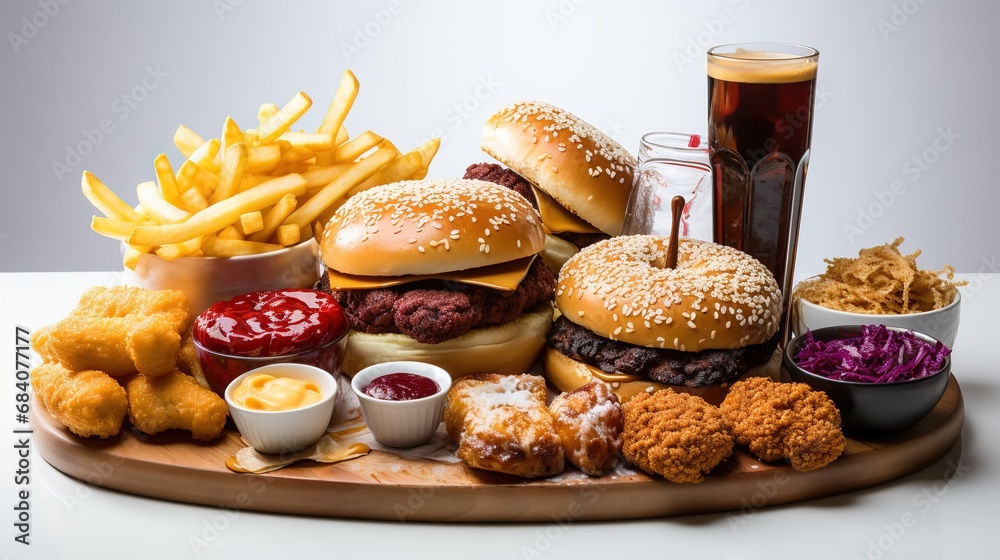 Harmful, not healthy fast food in the form of hamburgers, fries ...