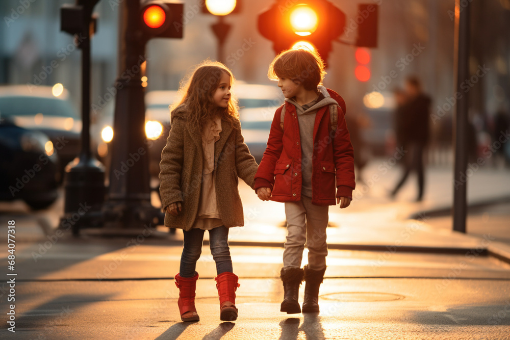 Two children couple crossing road on crosswalk at red traffic light in ...