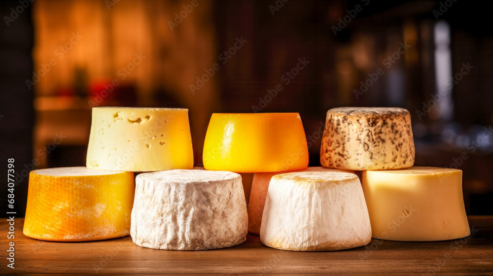 Natural wheel of cheeses against rustic interior backdrop, highlighting ...