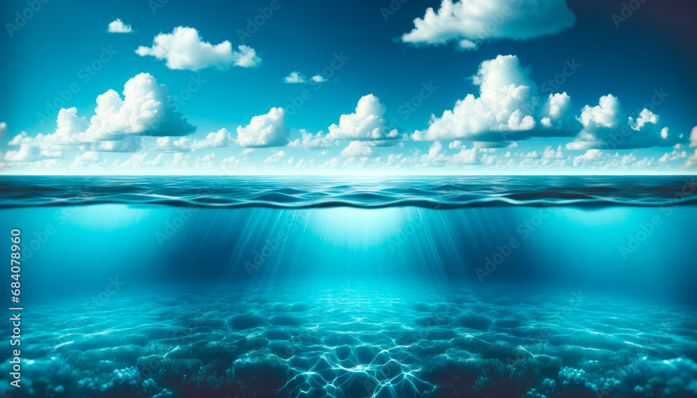 Split level underwater view with sky and clouds visible above water ...
