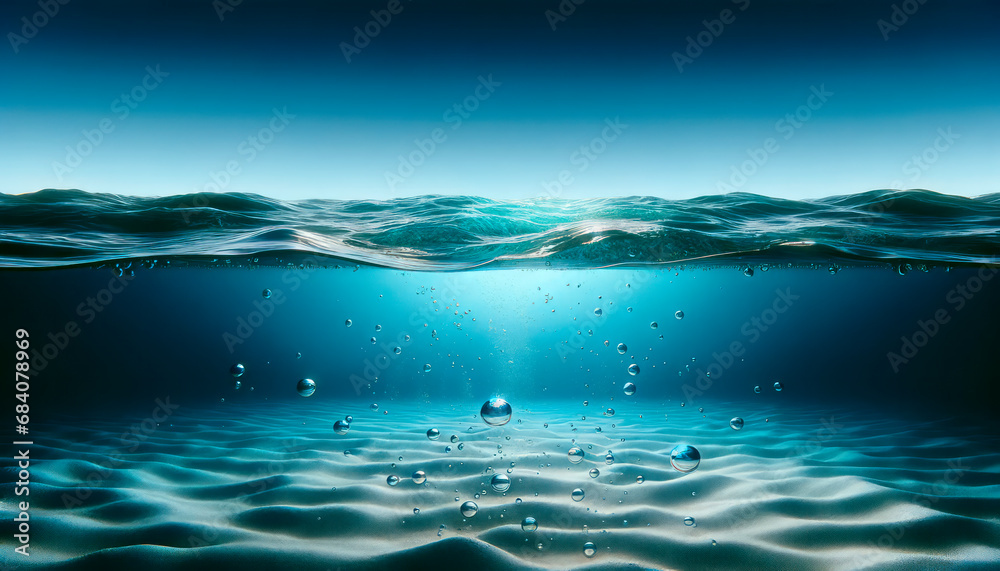 Split view of water surface and underwater with sunrays. Ocean split ...