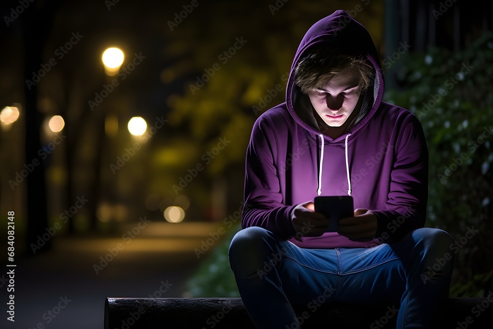 Lonely man sitting on a park bench scrolling through his smartphone ...